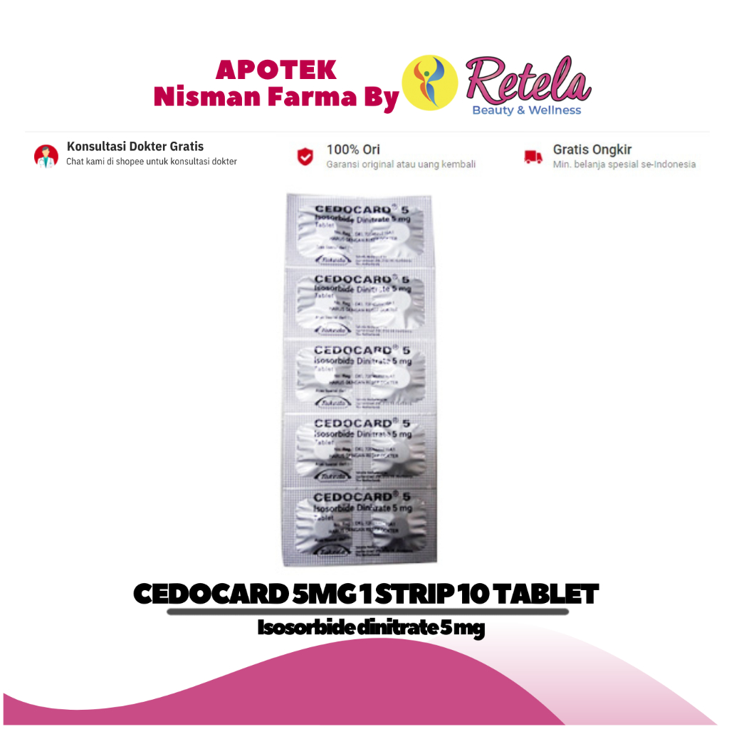 Jual CEDOCARD 5MG 1 STRIP ISI 10 TABLET ( ISOSORBIDE DINITRATE 5 MG ...