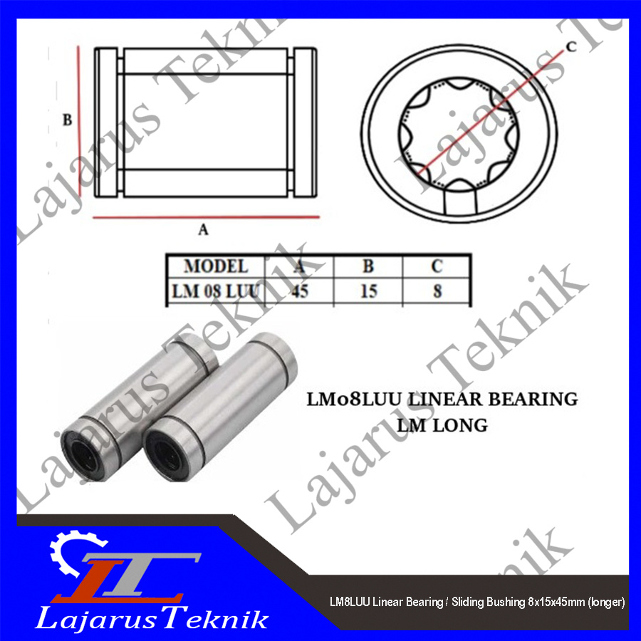 Jual LM8LUU Linear Bearing / Sliding Bushing 8x15x45mm (longer ...