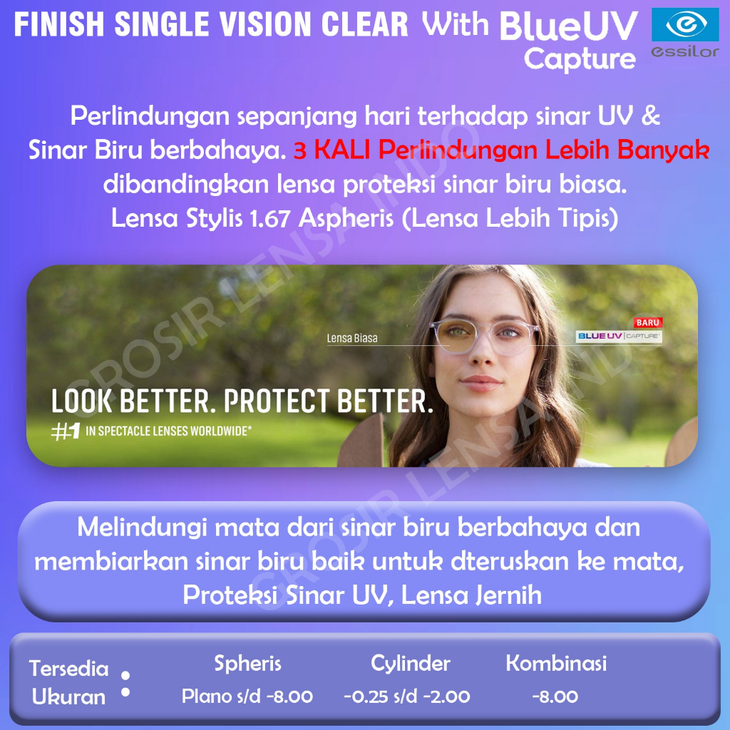 Jual Lensa ESSILOR stylish 1.67 Aspheris BLUE UV CAPTURE CRIZAL ...