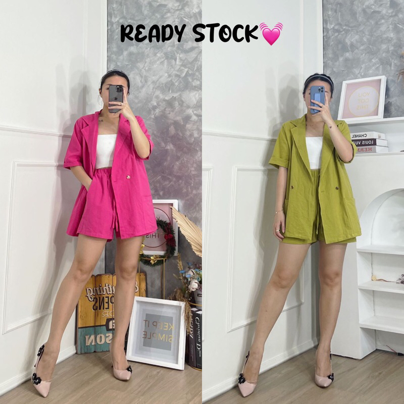 Jual Aimegallery Plain Blazer Set + Short Pants (Set Linen dan Celana ...