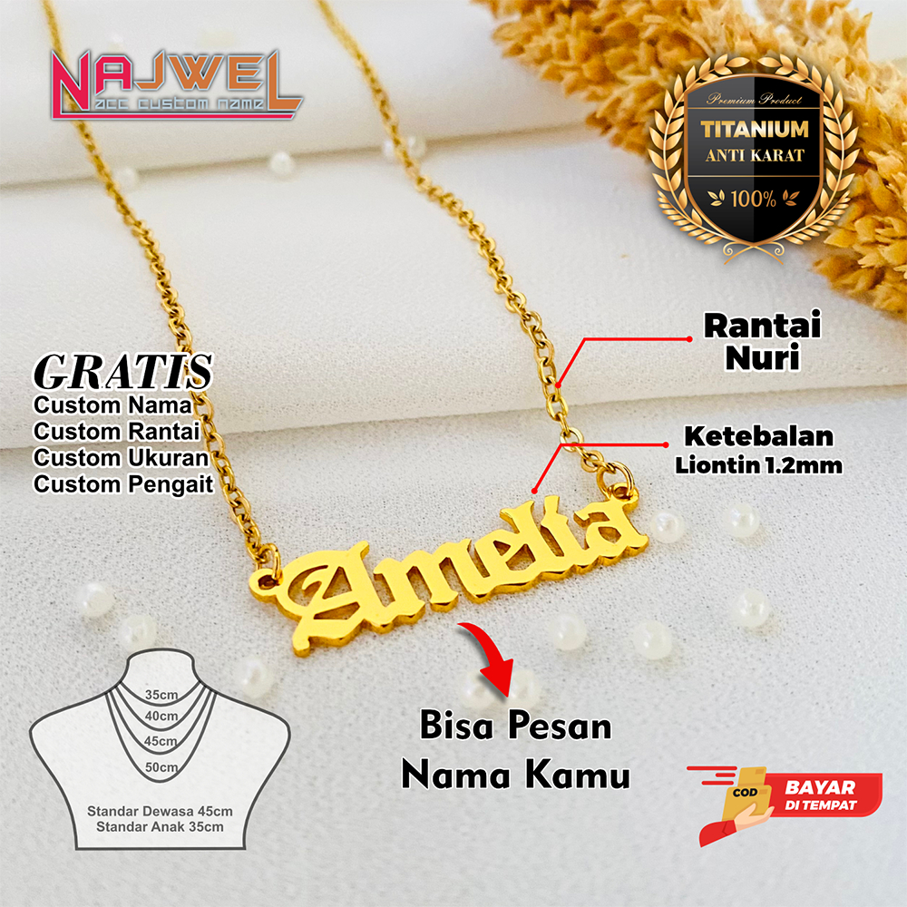 Jual Kalung Custom Nama Titanium Anti Karat Model Kalung Liontin Amelia ...