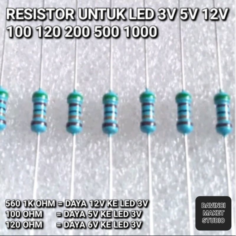 Jual RESISTOR 100 120 220 620 1000 1K R Film Standard untuk LED 3V 6V ...