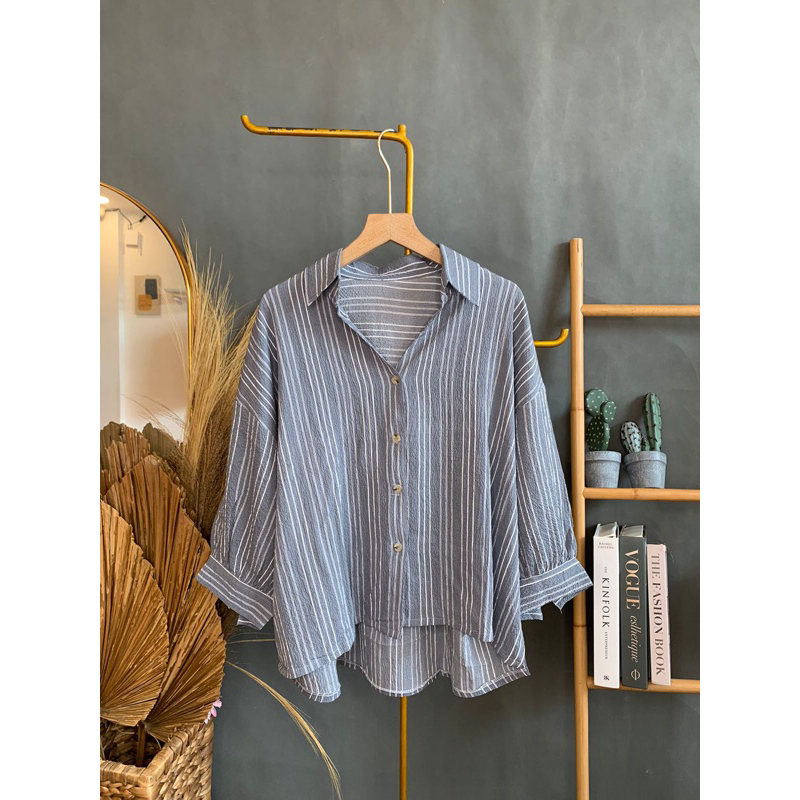 Jual Dhea Stripe Shirt Blouse (kemeja crinkle kancing premium pastel ...