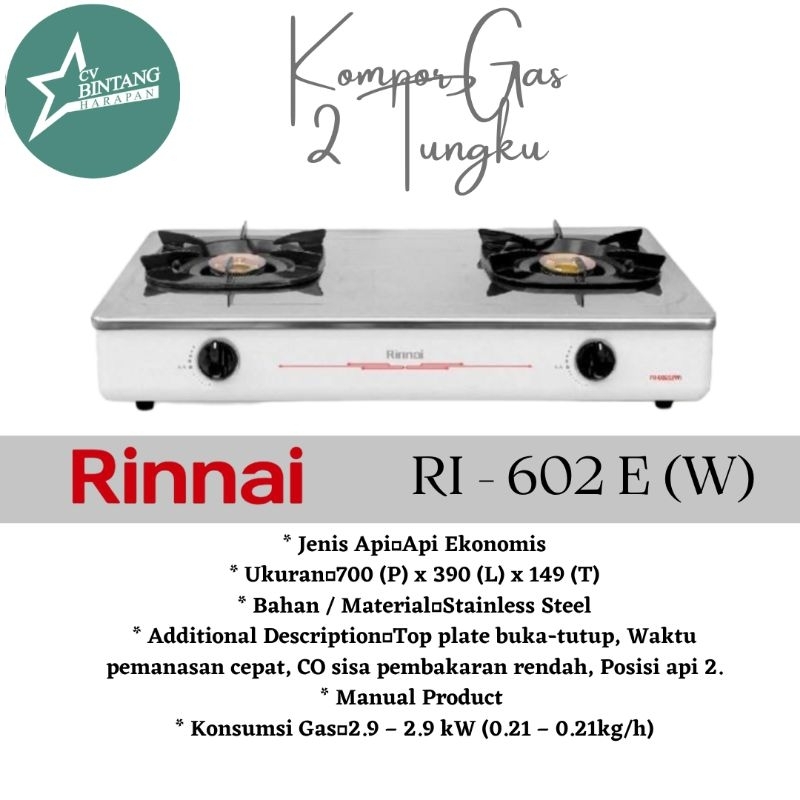 Jual Rinnai Kompor Gas 2 Tungku RI-602 E (W) Putih dan RI-602 E Hitam | Shopee Indonesia