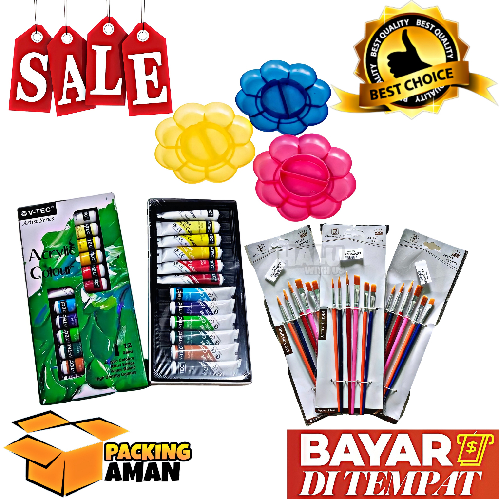 Jual (BISA COD) PROMO 1 Set 3 In 1 Cat Akrilik Cat Acrylic Palet Kuas ...