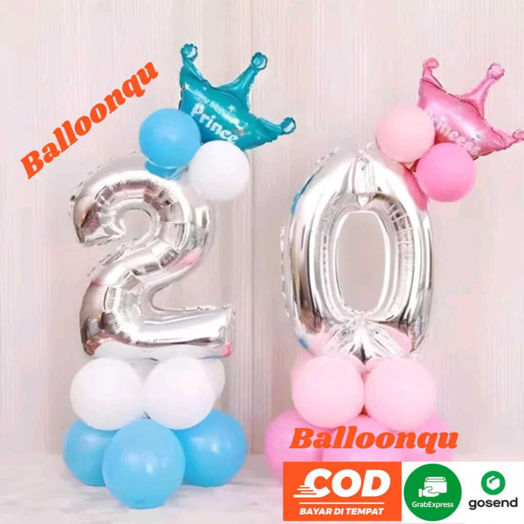 Jual [80CM] PAKET BALON ANGKA SILVER STANDING MOTIF CROWN PINK BIRU ...