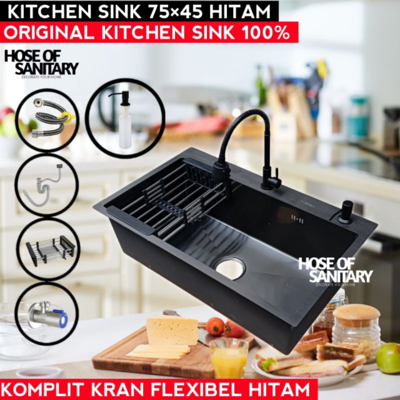 Jual Paket Kitchen sink 7545 HITAM / Bak cuci piring 1 lubang Stainless ...