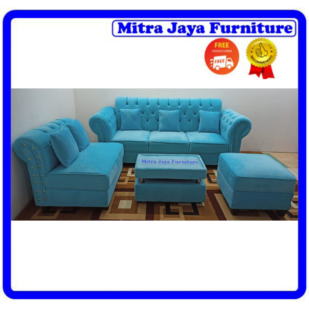 Jual PROMO SOFA L KANCING FULL SET/SOFA BELUDRU BIRU | Shopee Indonesia