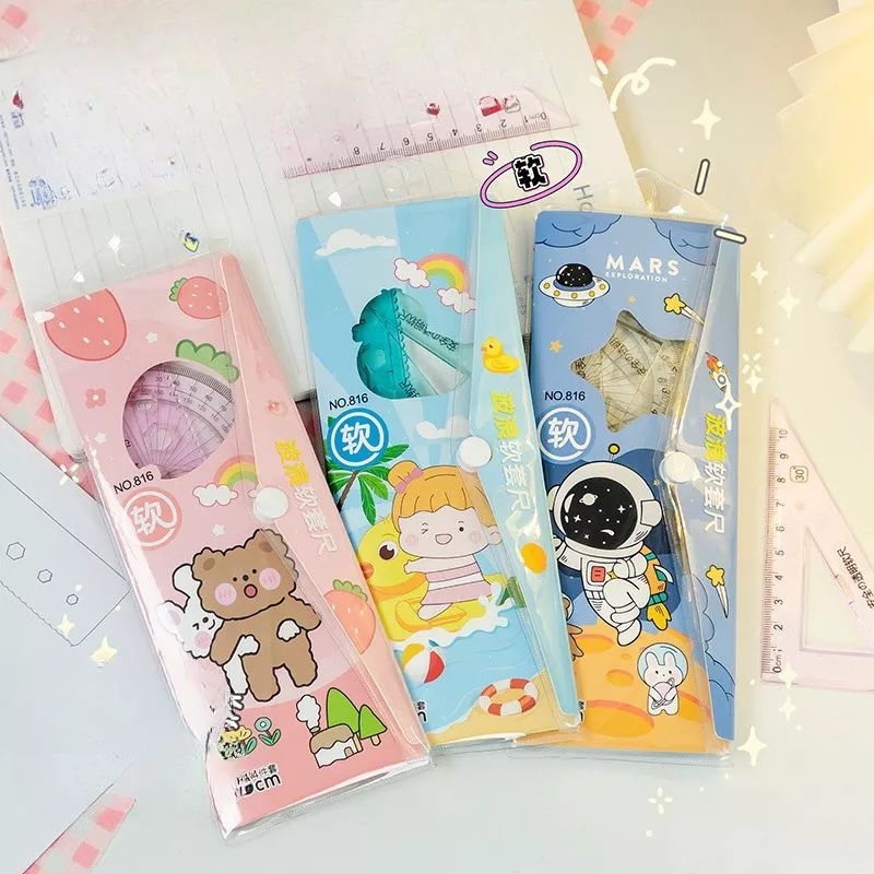 Jual PENGGARIS PLASTIK 1 SET 4in1 RULLER SET STATIONERY TRANSPARAN RT62 ...