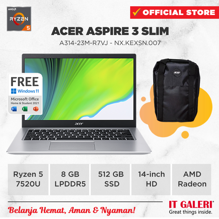 Jual ACER ASPIRE 3 A314-23M-R7VJ NX.KEXSN.007 R5-7520U/8GB/512GB/14.0/WIN11+OHS2021/SILVER ...