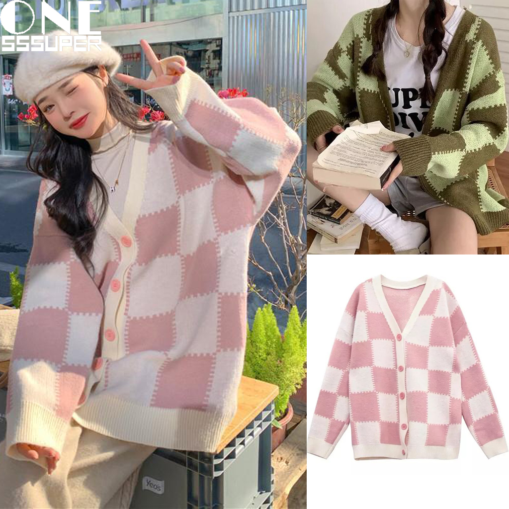 Jual Cardigan Rajut Wanita Atasan Sweater Kotak-kotak Lengan Panjang Rajut Gaya Korea | Shopee ...
