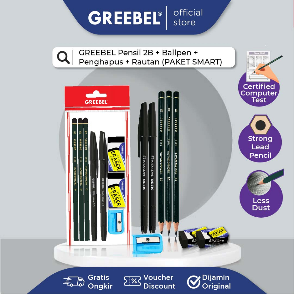 Jual GREEBEL (PAKET SMART ) Pulpen/Ballpoint+ Sharpener+Eraser + Pencil ...