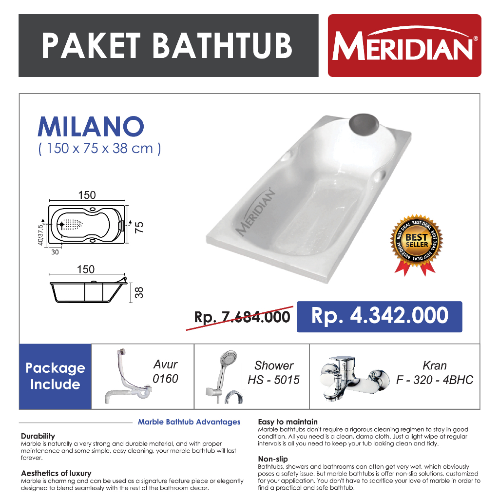 Jual MERIDIAN Bathtub Marble - Milano 150 (PAKET) | Shopee Indonesia