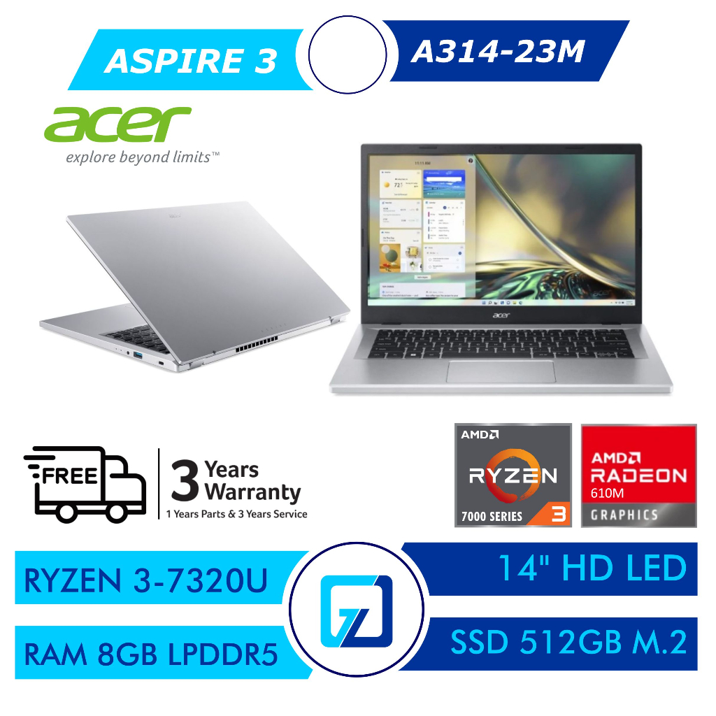 Jual ACER ASPIRE 3 A314-23M RYZEN 3 7320U RAM 8GB SSD 512GB 14" Windows ...