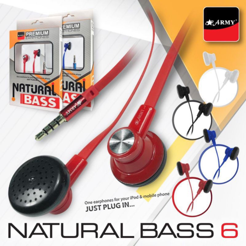 Jual NEW Headset Handsfree ARMY Natural Bass 6 Original Earphone Stereo ...