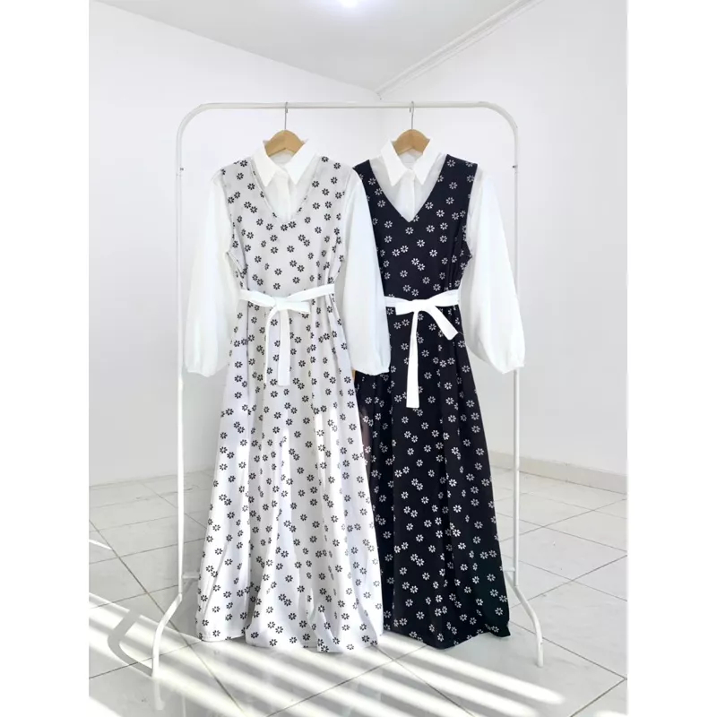 Jual Eri Overall - Set Dress Motif Bunga Floral Daisy Monocrome Korean ...