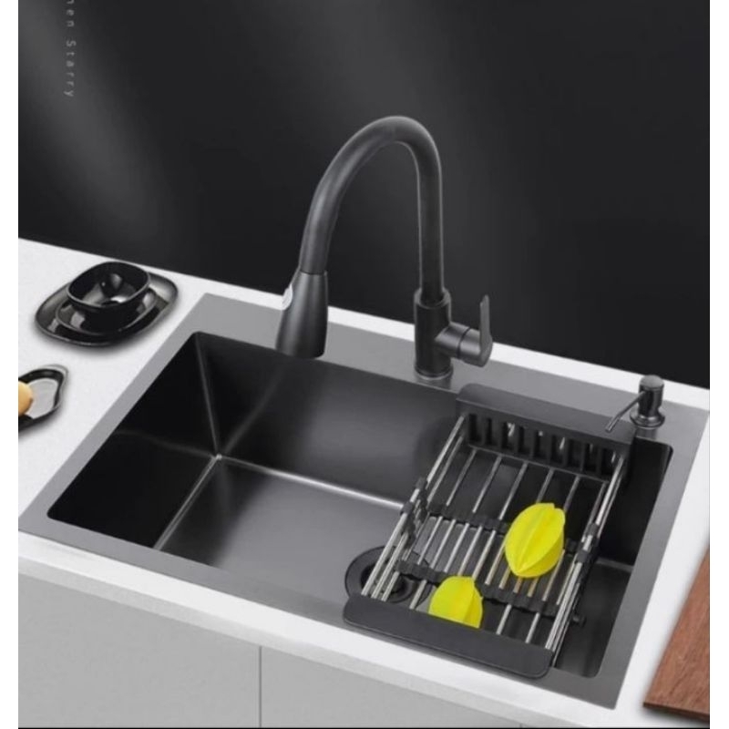 Jual KITCHEN SINK 7545 BLACK LENGKAP KRAN TARIK/KRAN FLEXIBLE/KRAN SIKU ...