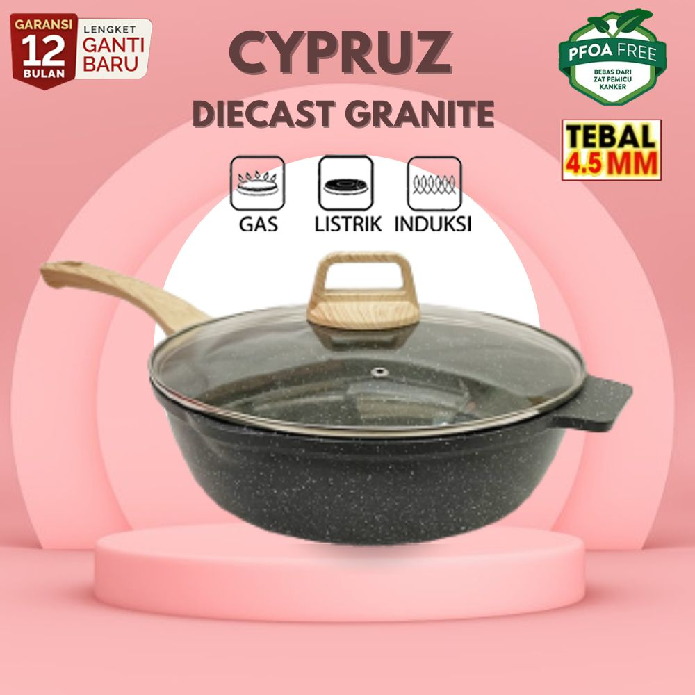 Jual Cypruz Cookware Fry Wok Pan Induksi + Tutup Kaca Granite Diecast 28 cm FP-0865 Wajan ...