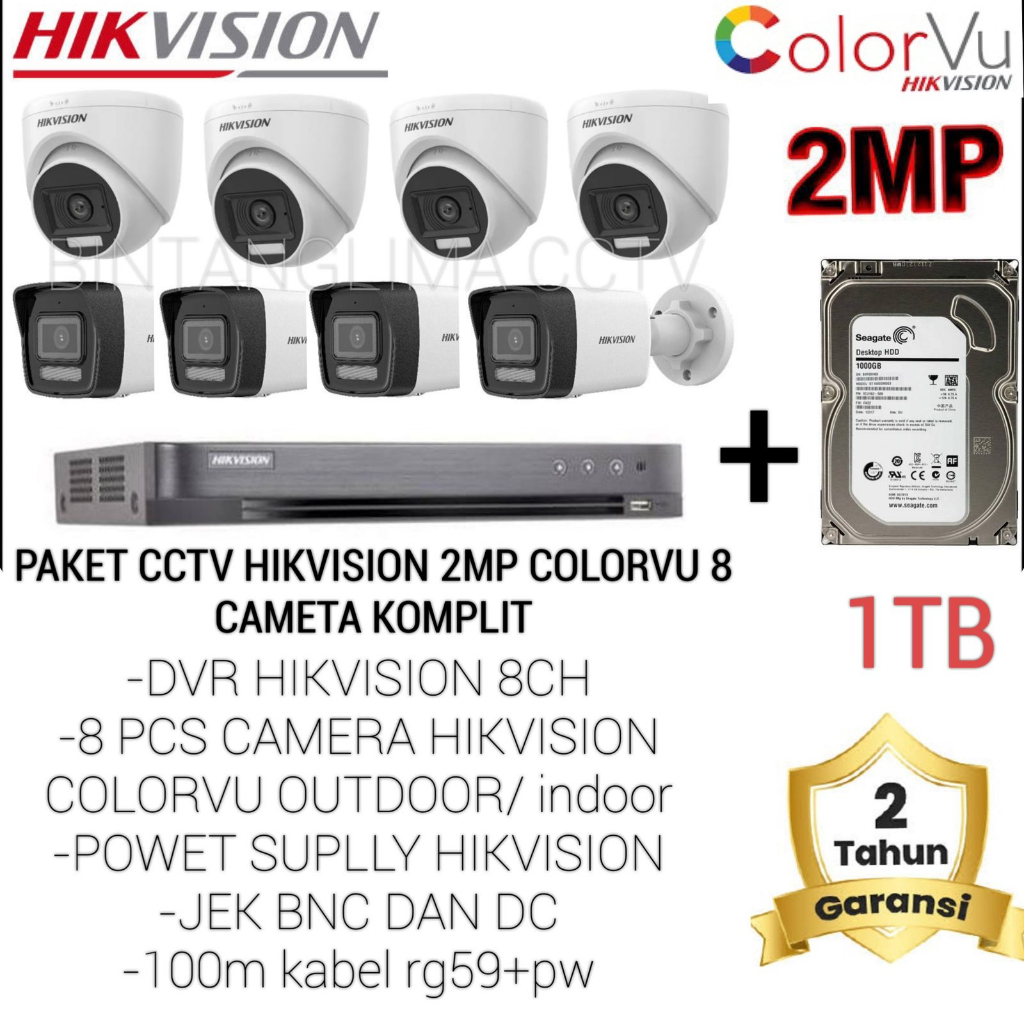 Jual PAKET CCTV HIKVISION 2MP COLORVU COLORFUL 8 CHANNEL 8 KAMERA TURBO | Shopee Indonesia