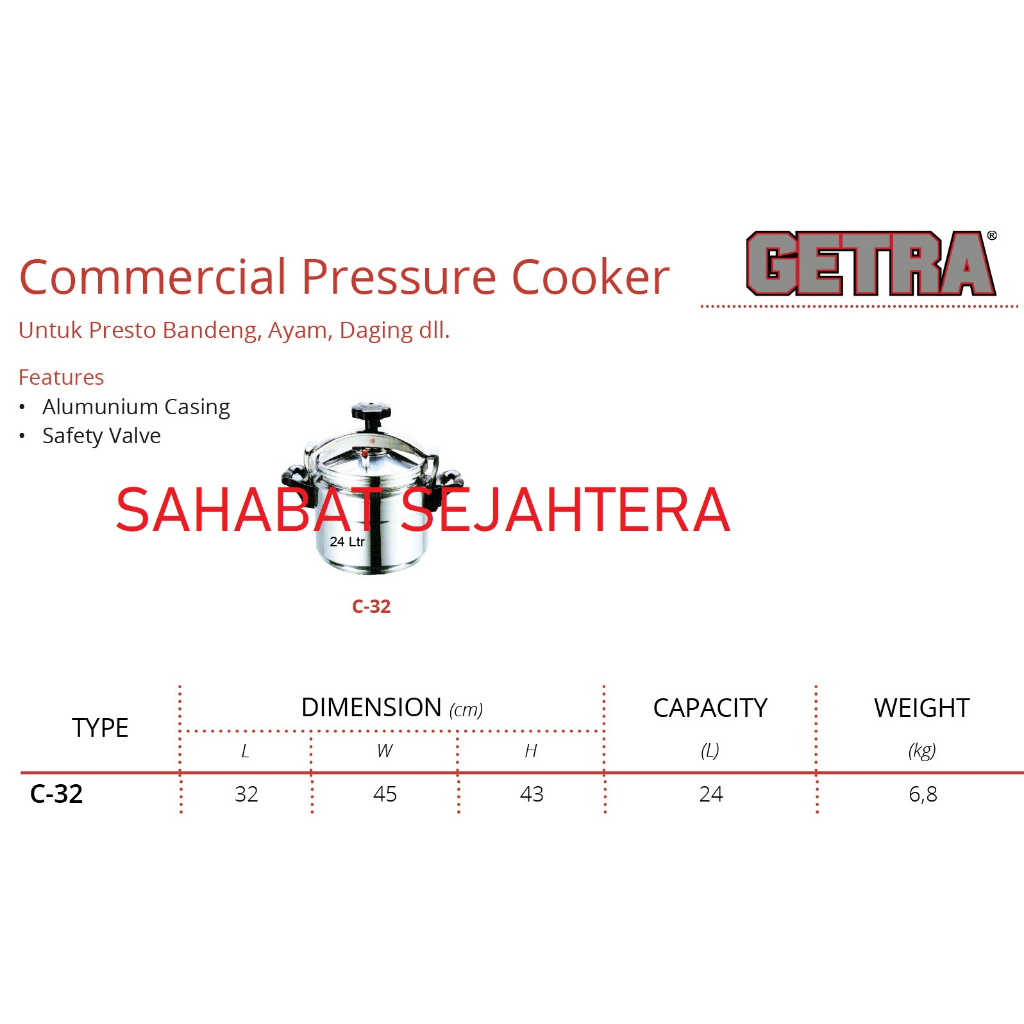 Jual GETRA Commercial Pressure Cooker C-32 Panci Presto Daging | Shopee ...