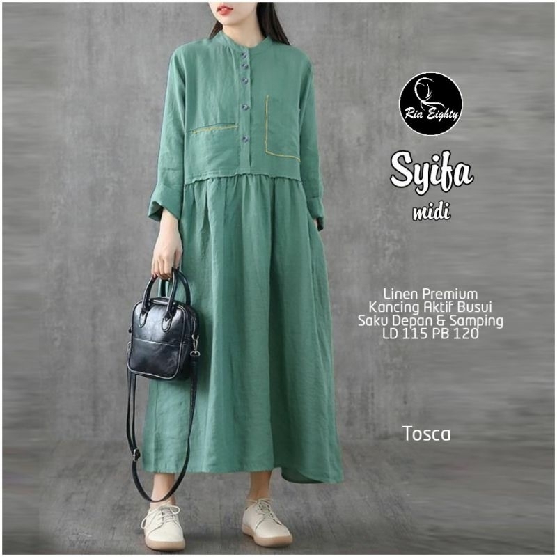 Jual Midi Dress Korean Style Linen Premium Syifa Midi Ld 115 Busui Kekinian Tebal Tidak Nerawang ...
