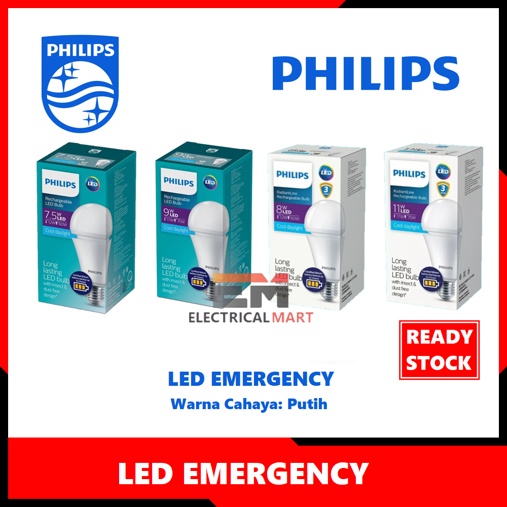 Jual Lampu Emergency LED Bulb Rechargeable Philips Led 7.5W 9W Radiantline 8W 11W 13W 7.5 9 8 11 ...
