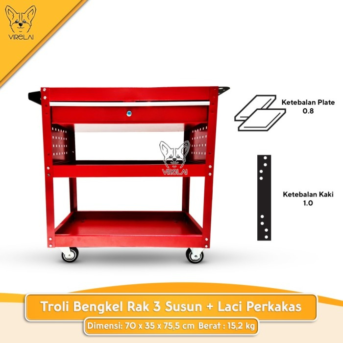 Jual [DENGAN LACI PACKING KAYU] Troli Bengkel Rak 3 Susun Perkakas ...
