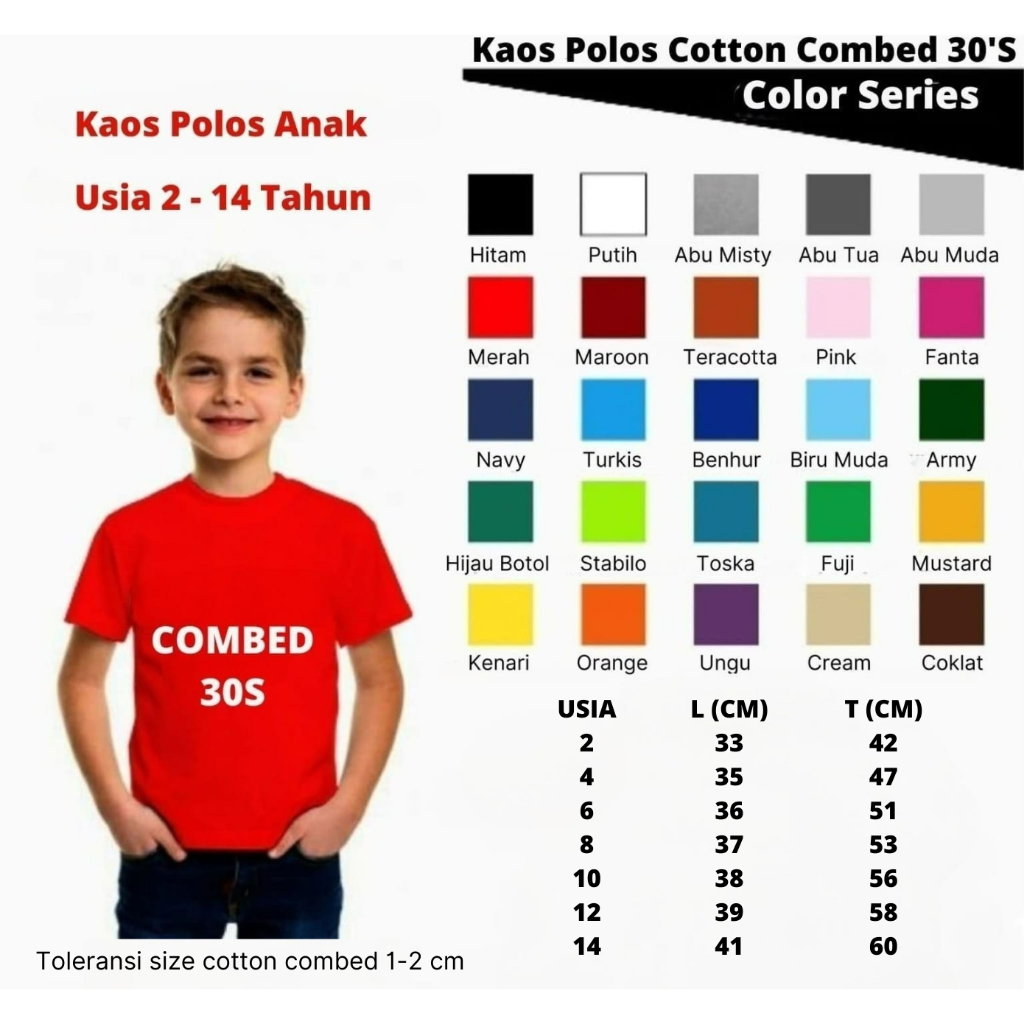 Jual KAOS POLOS ANAK LENGAN PENDEK COTTON COMBED 30S | Shopee Indonesia