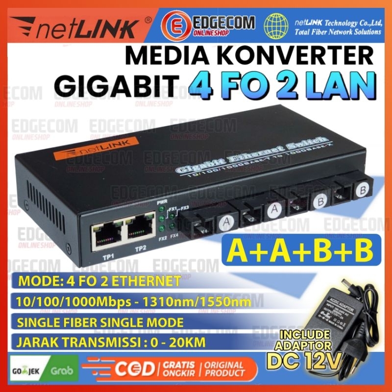 Jual Media Konverter Gigabit 4 FO 2 LAN 10/100/1000M Fiber Optic FO SC Converter RJ45 Switch ...