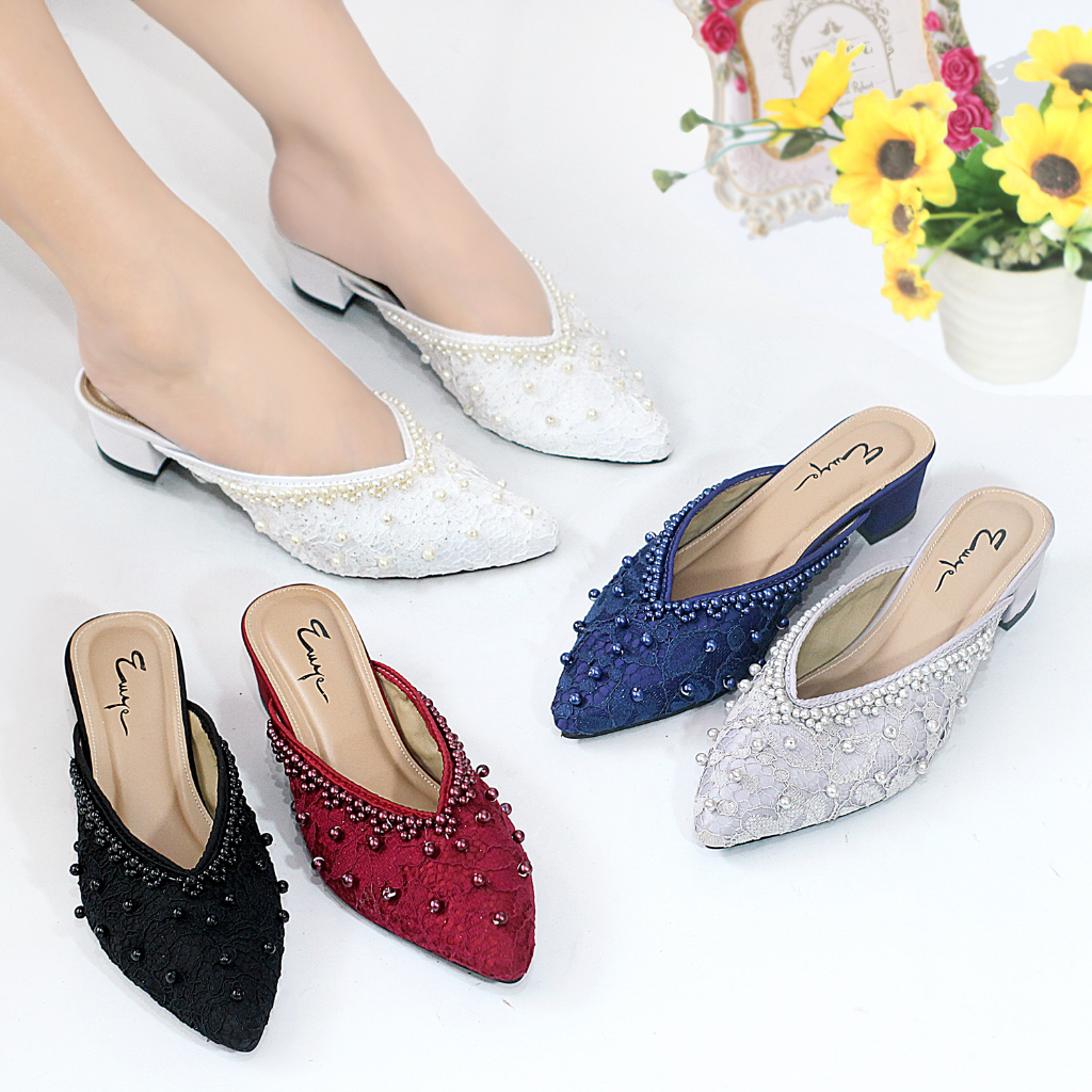 Jual Emye - Sepatu Pesta Mules Wanita Brukat Payet Satin Wanita 3cm ...