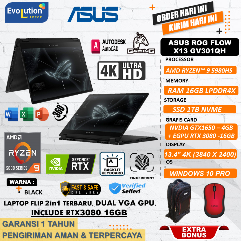 Jual ASUS ROG FLOW X13 GV301QH 4K TOUCH EGPU RTX3080 RYZEN 9 5980HS RAM ...