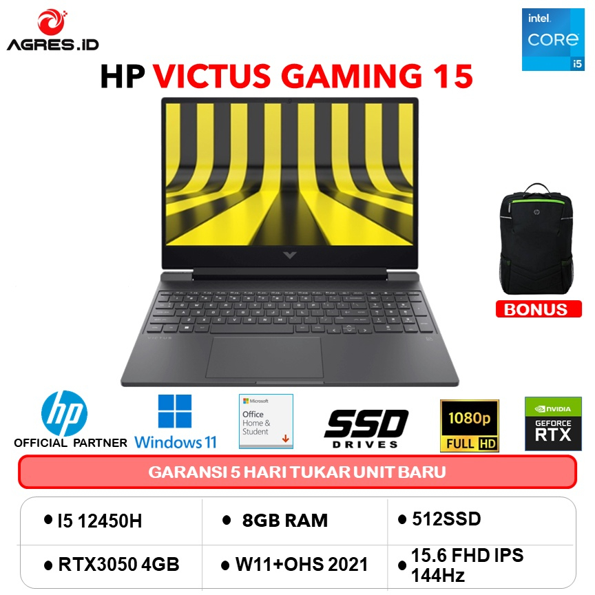 Jual HP VICTUS 15 FA0161TX/FA0178TX I5 12450H RTX3050 4GB/ 16GB 512GB ...