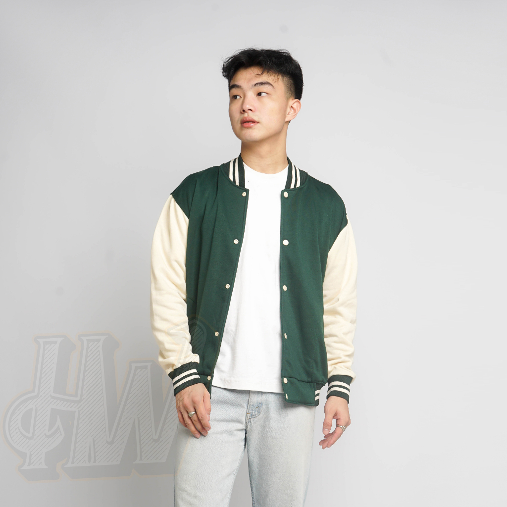 Jual Jaket Basebal Varsity Kancing Hijau Tangan Cream Polos Pria dan ...