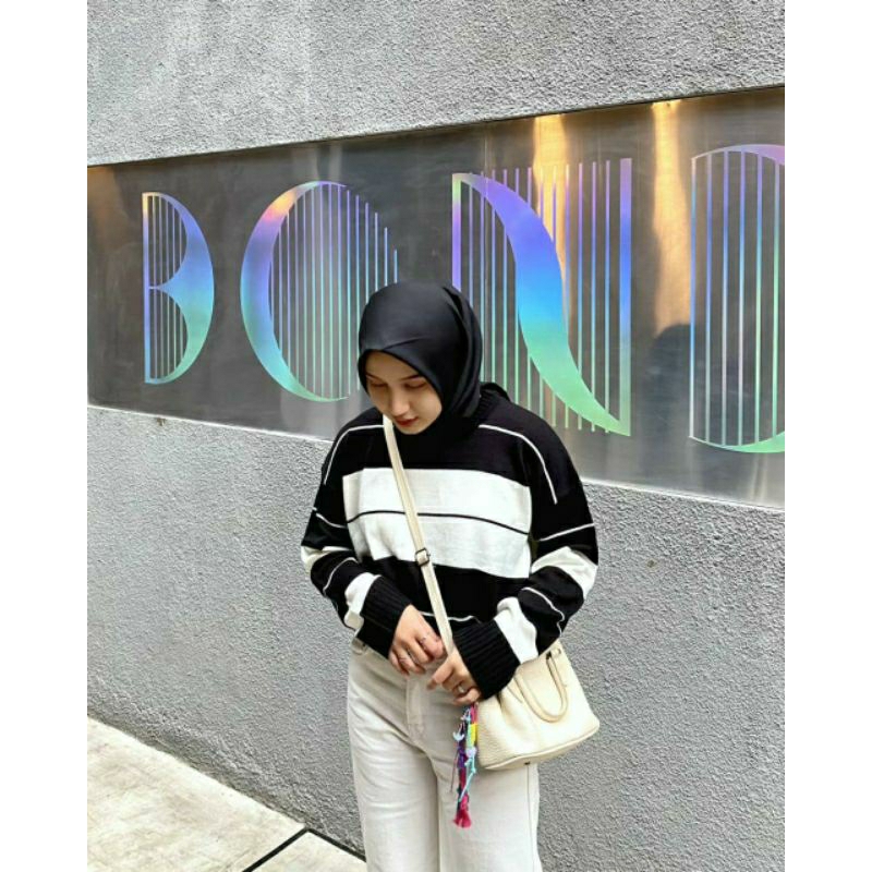 Jual Cila Knite Sweater - Atasan Wanita Rajut Crop Stripe | Shopee Indonesia