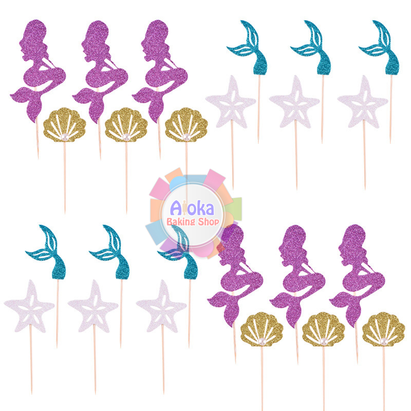 Jual Topper Cake Desain Mermaid Rumput Laut Ikan Hiu Ekor Peti Harta ...