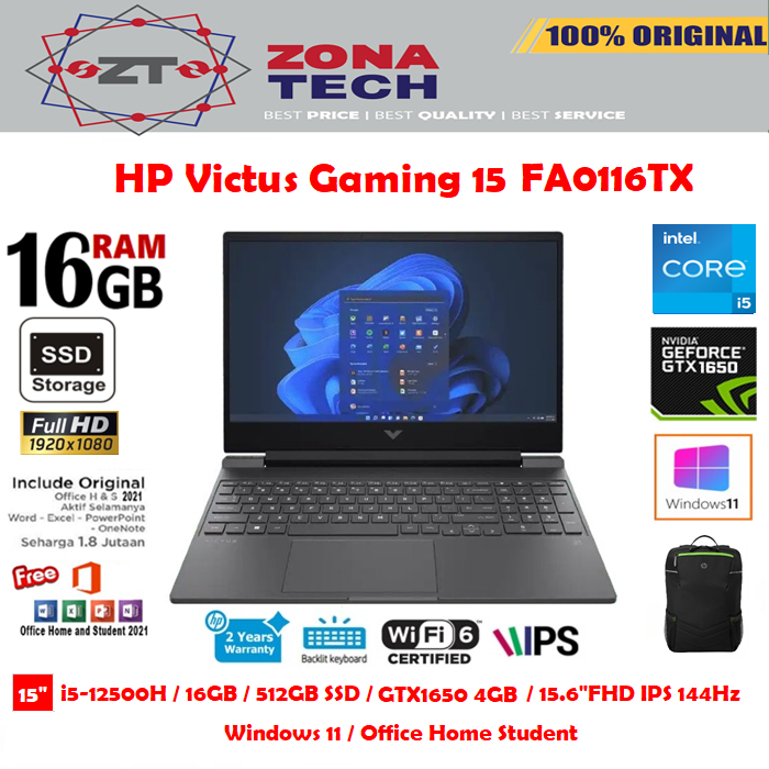 Jual HP Victus Gaming 15-FA0116TX - i5-12500H 8GB 512GB SSD GTX1650 4GB 15.6"FHD IPS 144Hz W11 ...