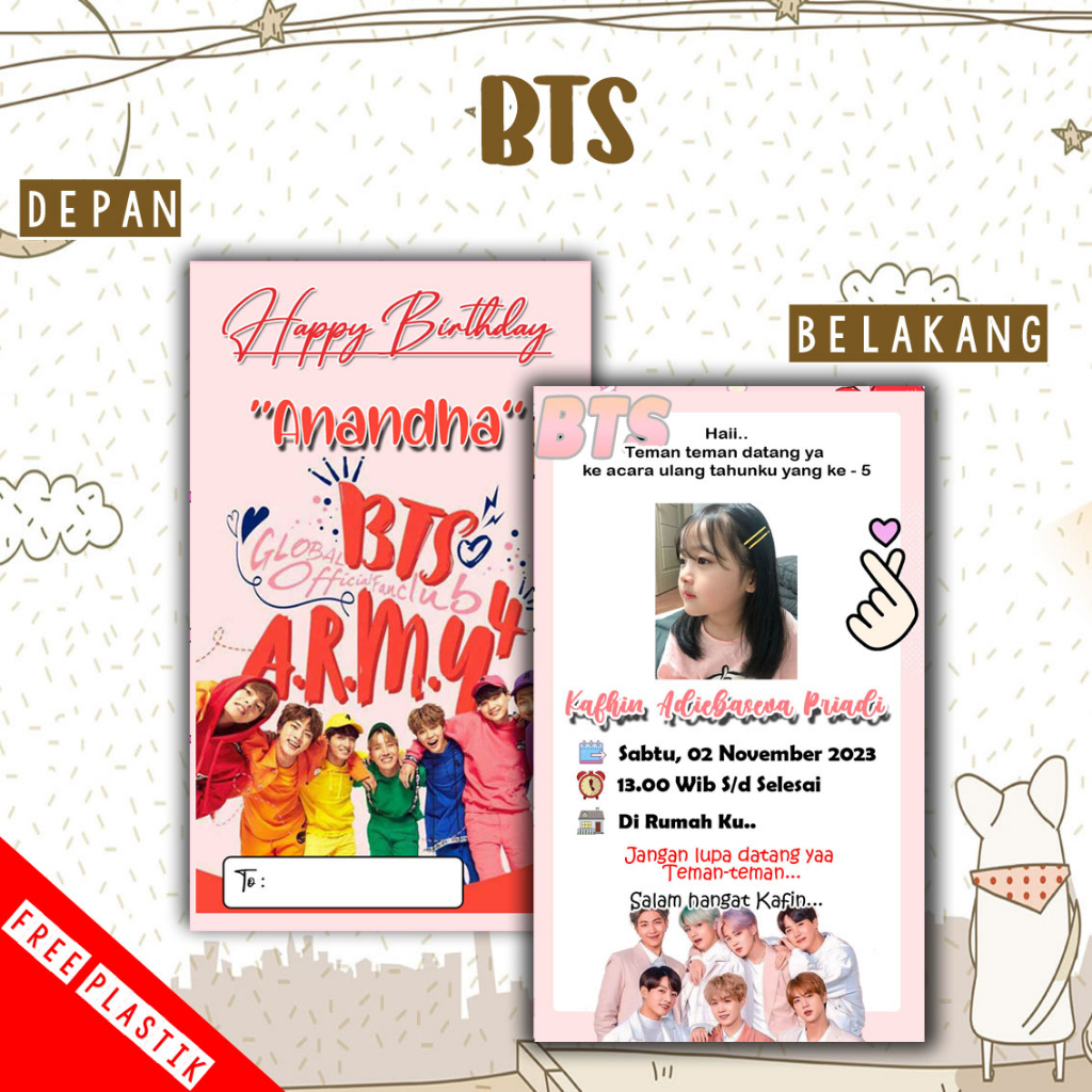 Jual Undangan Karakter BTS 1 (30 PCS / 50 PCS) / Undangan ulang tahun ...