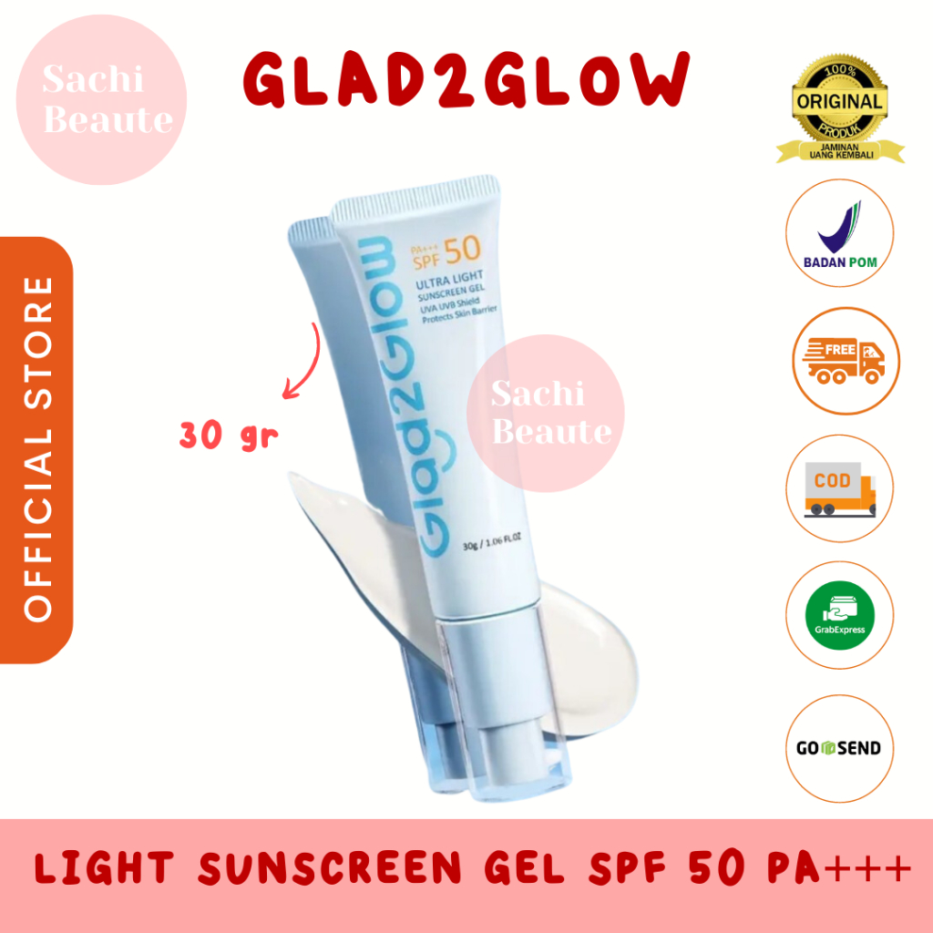 Jual Glad2Glow Light Sunscreen Gel UV SPF50 PA+++ 30gr | Oil-Control ...