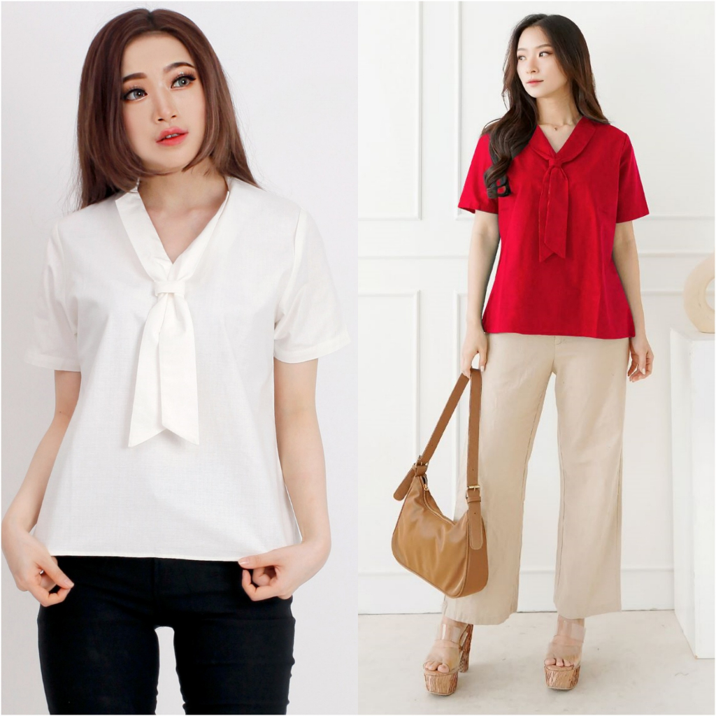 Jual White Red Top Baju Atasan Blouse Wanita Putih Merah Basic Polos ...