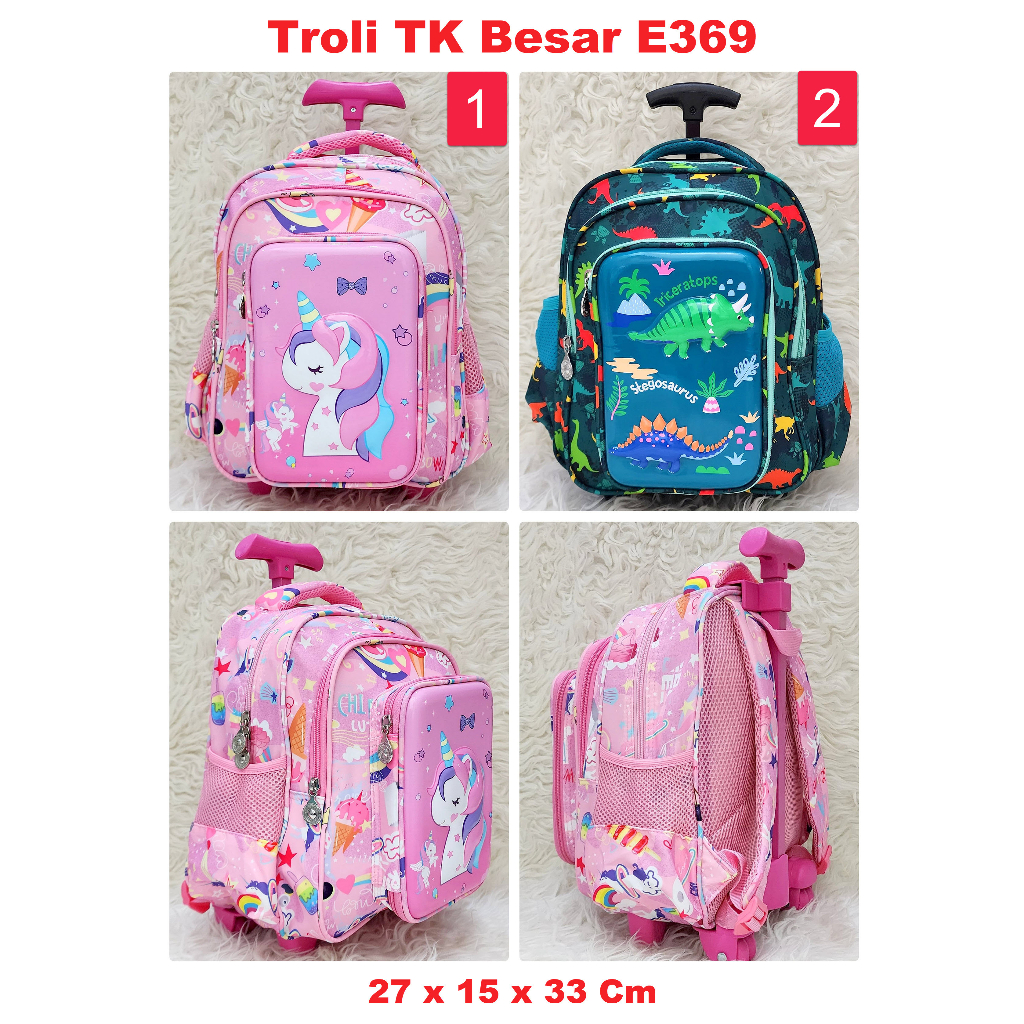 Jual Tas Troli TK Import Besar Tempat Pensil E369 Tas Koper anak sekolah Dinosaurus Unicorn ...