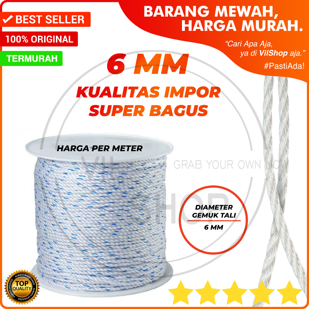 Jual TALI PUTIH 6 MM KUALITAS BAGUS IMPORT PER METER / PP PE NYLON ...