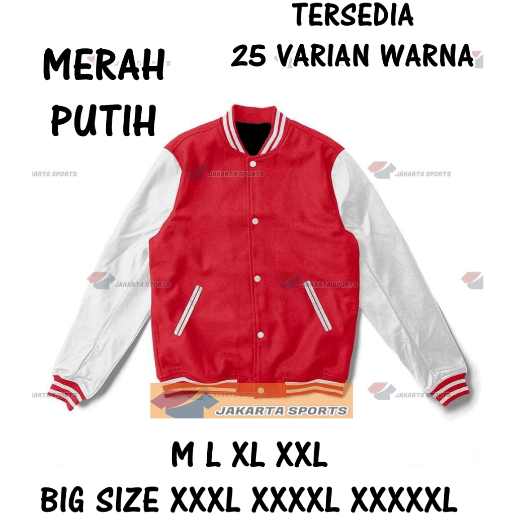 Jual JAKET VARSITY MERAH LENGAN PUTIH BASEBALL PRIA WANITA MURAH JACKET ...