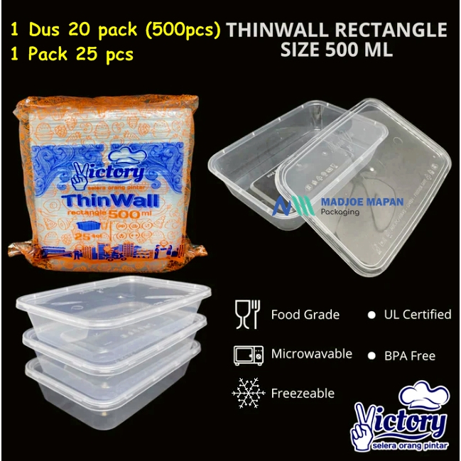 Jual [isi 25 pcs] THINWALL RECTANGLE 500ml VICTORY / KOTAK MAKAN PLASTIK PERSEGI PANJANG ...