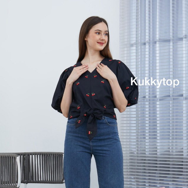 Jual Kukky Top Blouse Kylie Atasan Katun Wanita Bordir Cherry Korean ...