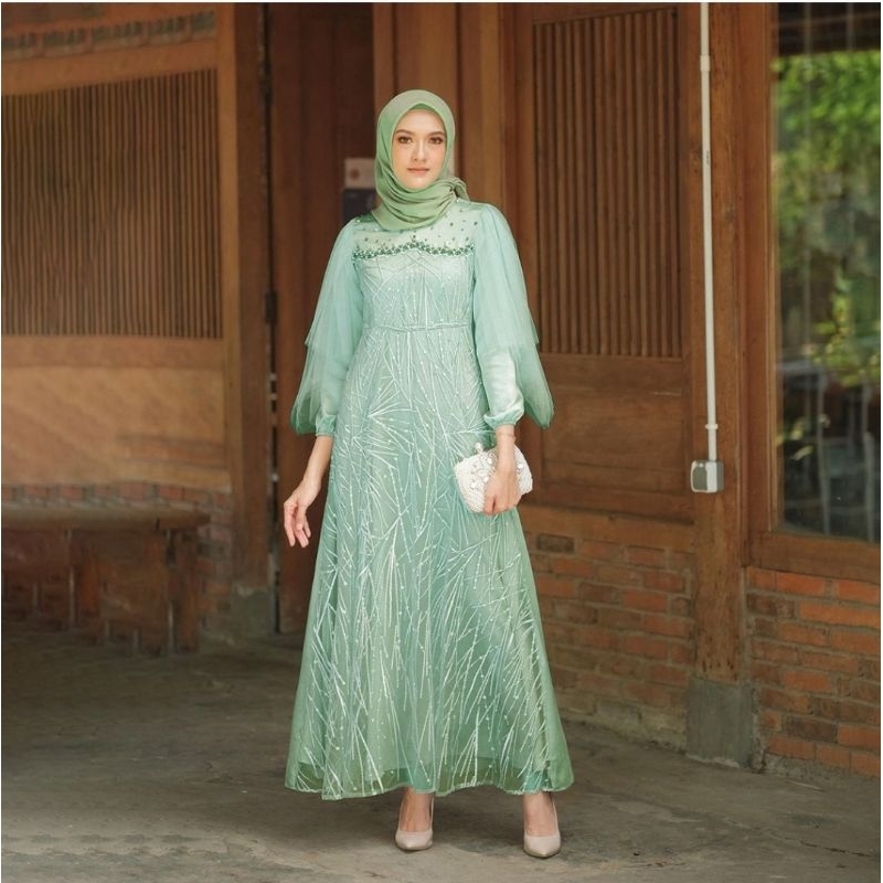Jual Luna Dress Brukat Tile Apply Mutiara Gamis Shelomita Brukat Gamis Kondangan Gamis Brukat ...