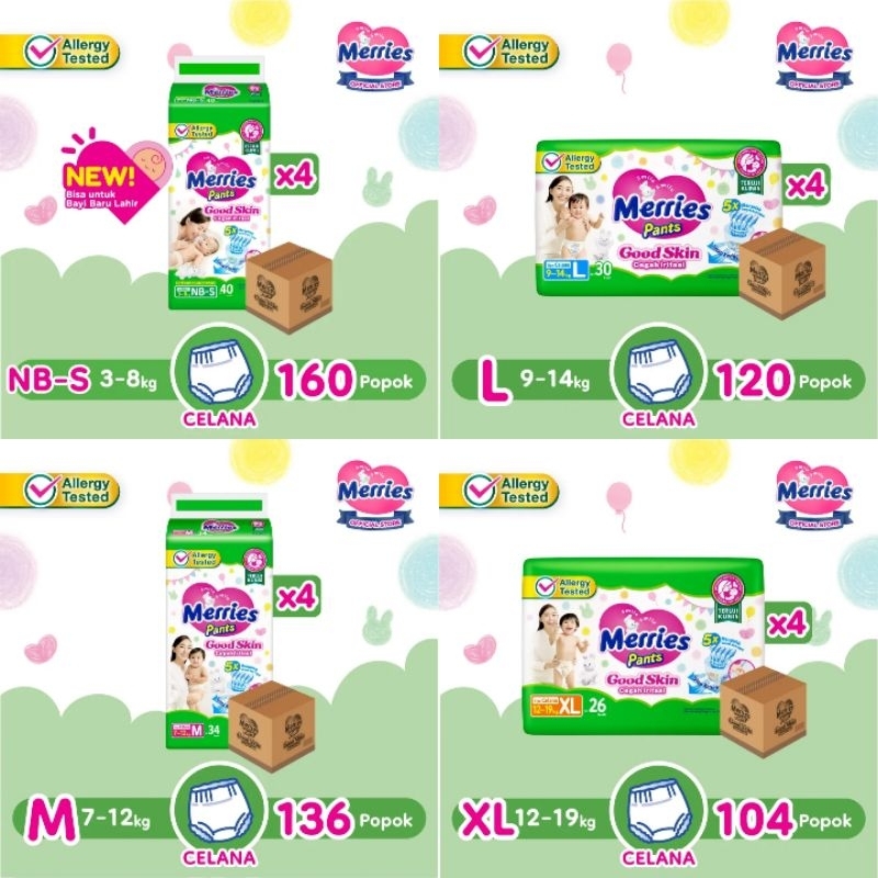 Jual [4 PACKS] MERRIES Good Skin Diaper Pants NB-S40 / L30 / XL26 ...