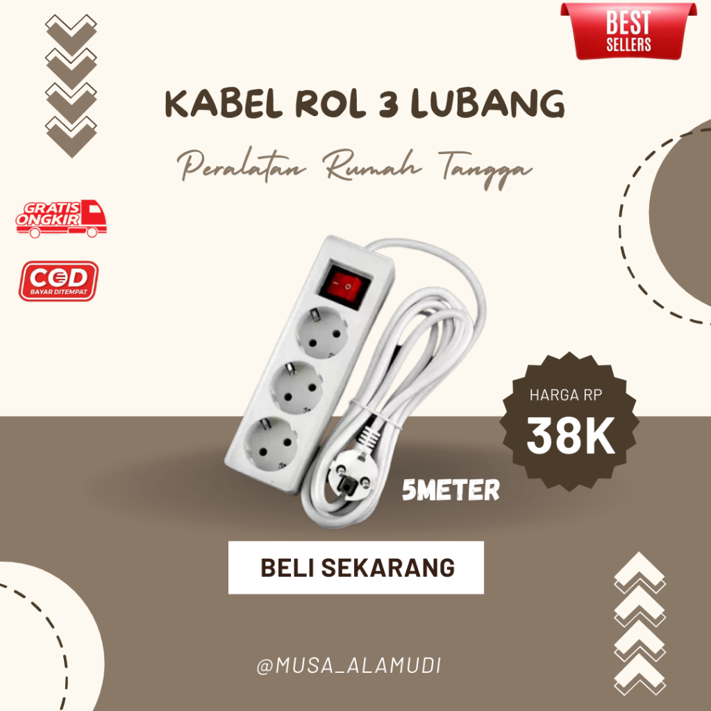 Jual Kabel Rol 3 Lubang 5 Meter Panjang Kabel Tembaga Murni | Shopee ...