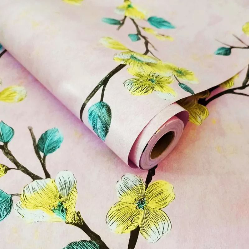 Jual Wallpaper Sticker Dinding Pink Motif Bunga Kuning Mewah Minimalis ...