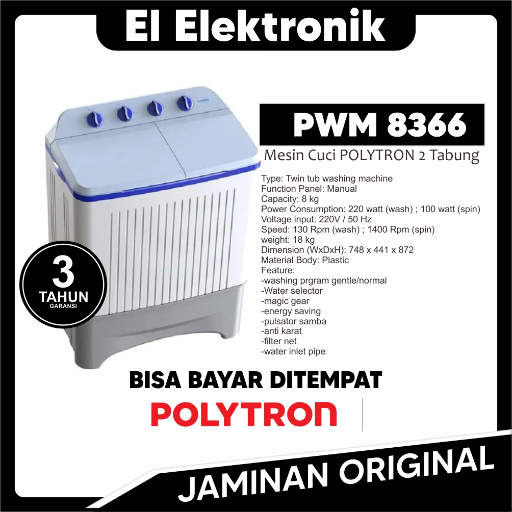 Jual MESIN CUCI POLYTRON 2 TABUNG PWM 8366 / 8363 GARANSI RESMI ...