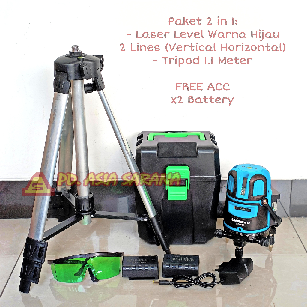 Jual PAKET Meteran Cross Laser Level 2 Lines Hijau Tripod Self Leveling ...